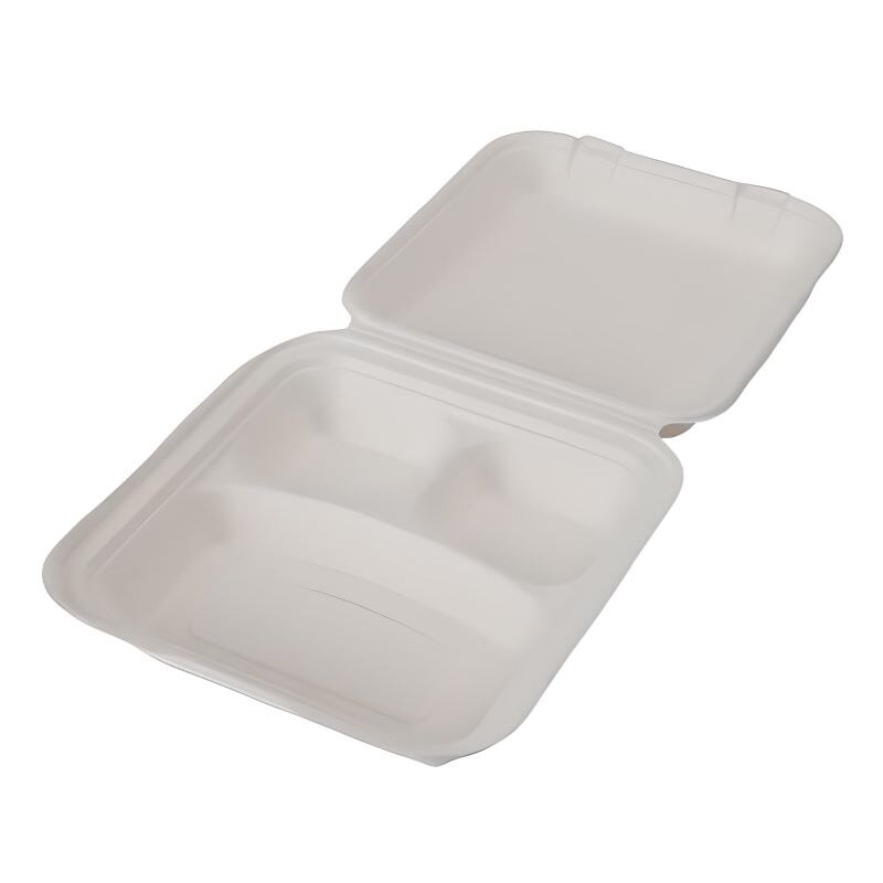EP-A866 Compostable Sugarcane 3-Compartment Clamshell Container, 8x8x3 ...